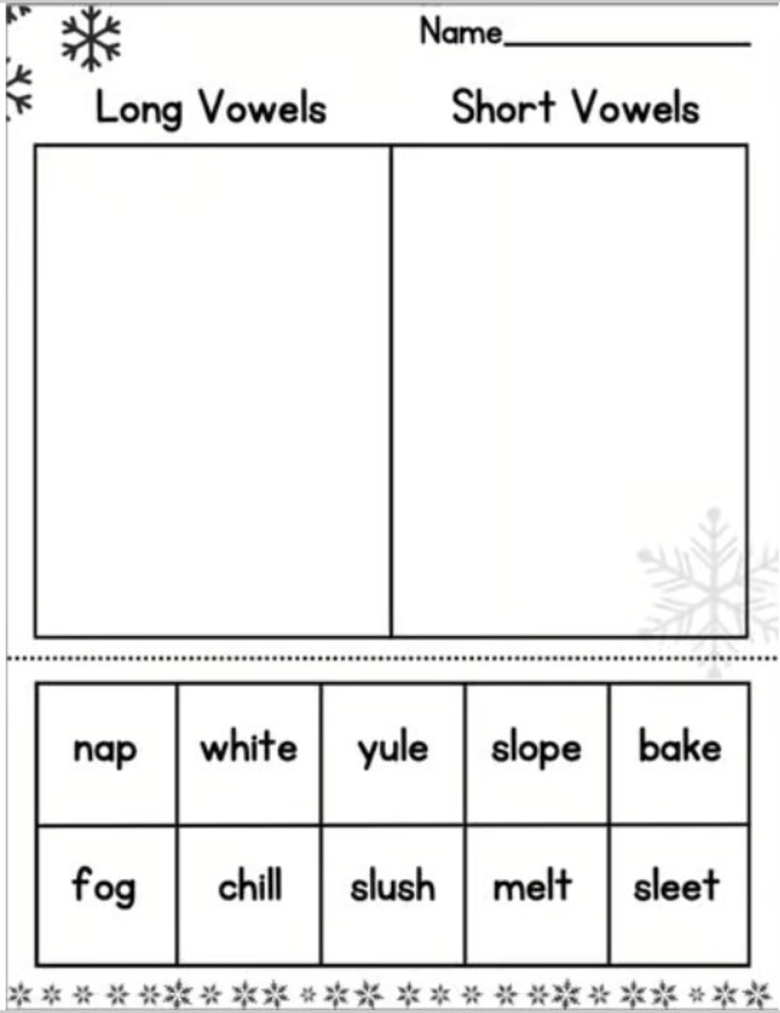 Short and Long Vowel Sort Worksheet Cut and Paste Phonics - Winter ...