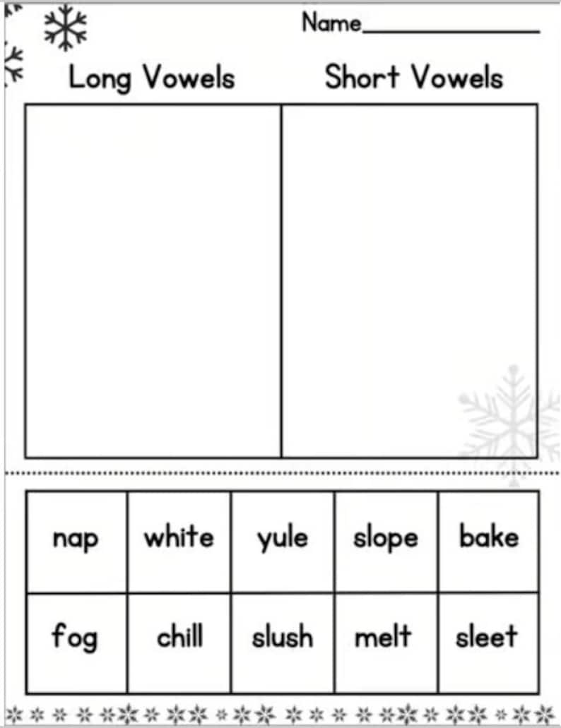 Short and Long Vowel Sort Worksheet Cut and Paste Phonics - Winter ...