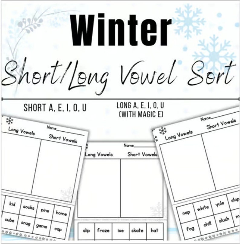 Short and Long Vowel Sort Worksheet Cut and Paste Phonics - Winter ...
