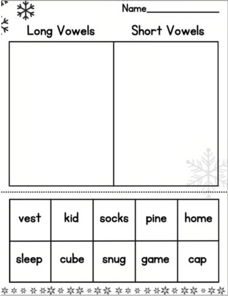 Short and Long Vowel Sort Worksheet Cut and Paste Phonics - Winter ...