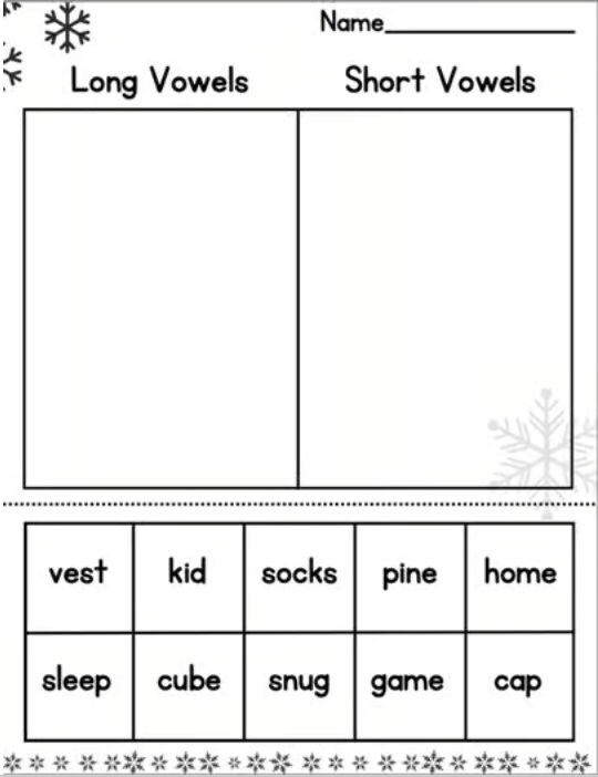 Short and Long Vowel Sort Worksheet Cut and Paste Phonics Winter Themed ...