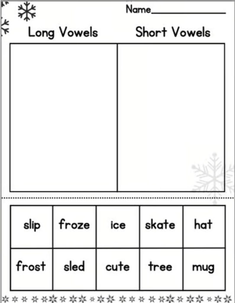 Short and Long Vowel Sort Worksheet Cut and Paste Phonics - Winter ...