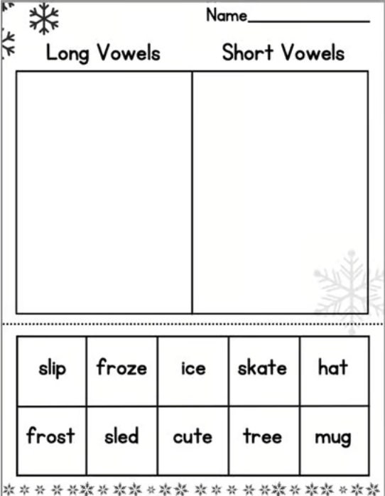 Short and Long Vowel Sort Worksheet Cut and Paste Phonics Winter Themed ...