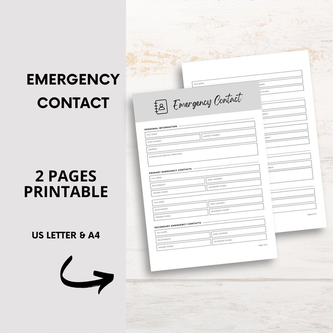 Emergency Contact Form, Printable Sheet, Family Plan, Medical, Safety ...