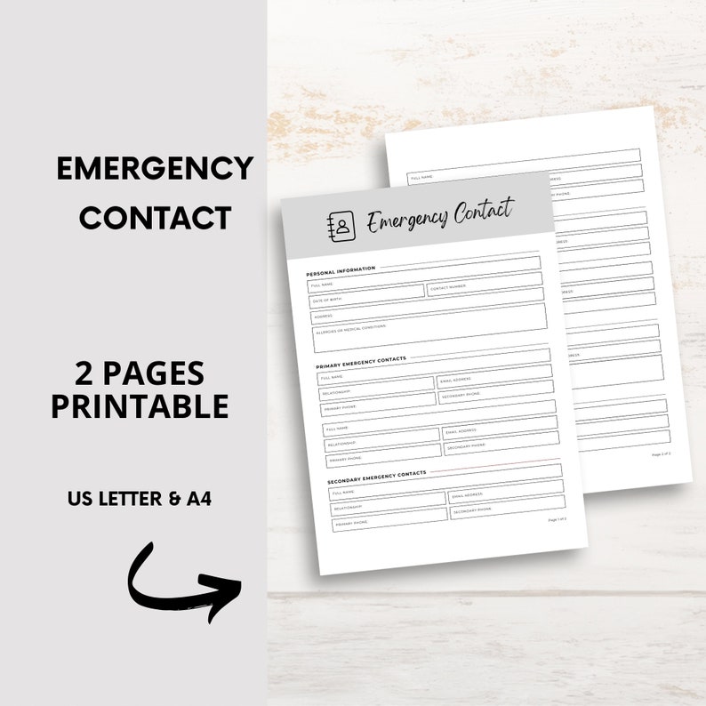 Emergency Contact Form, Printable Sheet, Family Plan, Medical, Safety ...