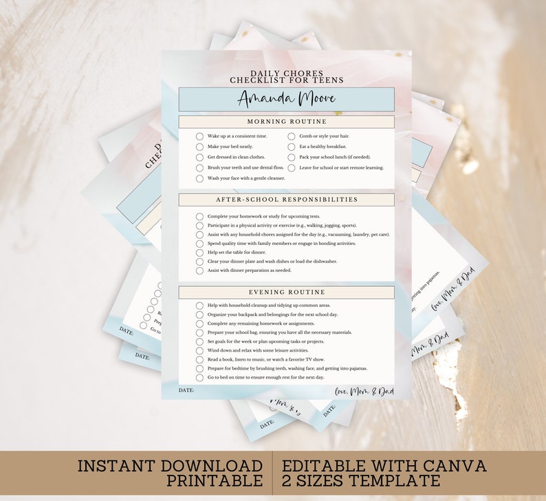 Teenager Daily Chores Cheklist Template, Teen Daily Routine List, Girls ...