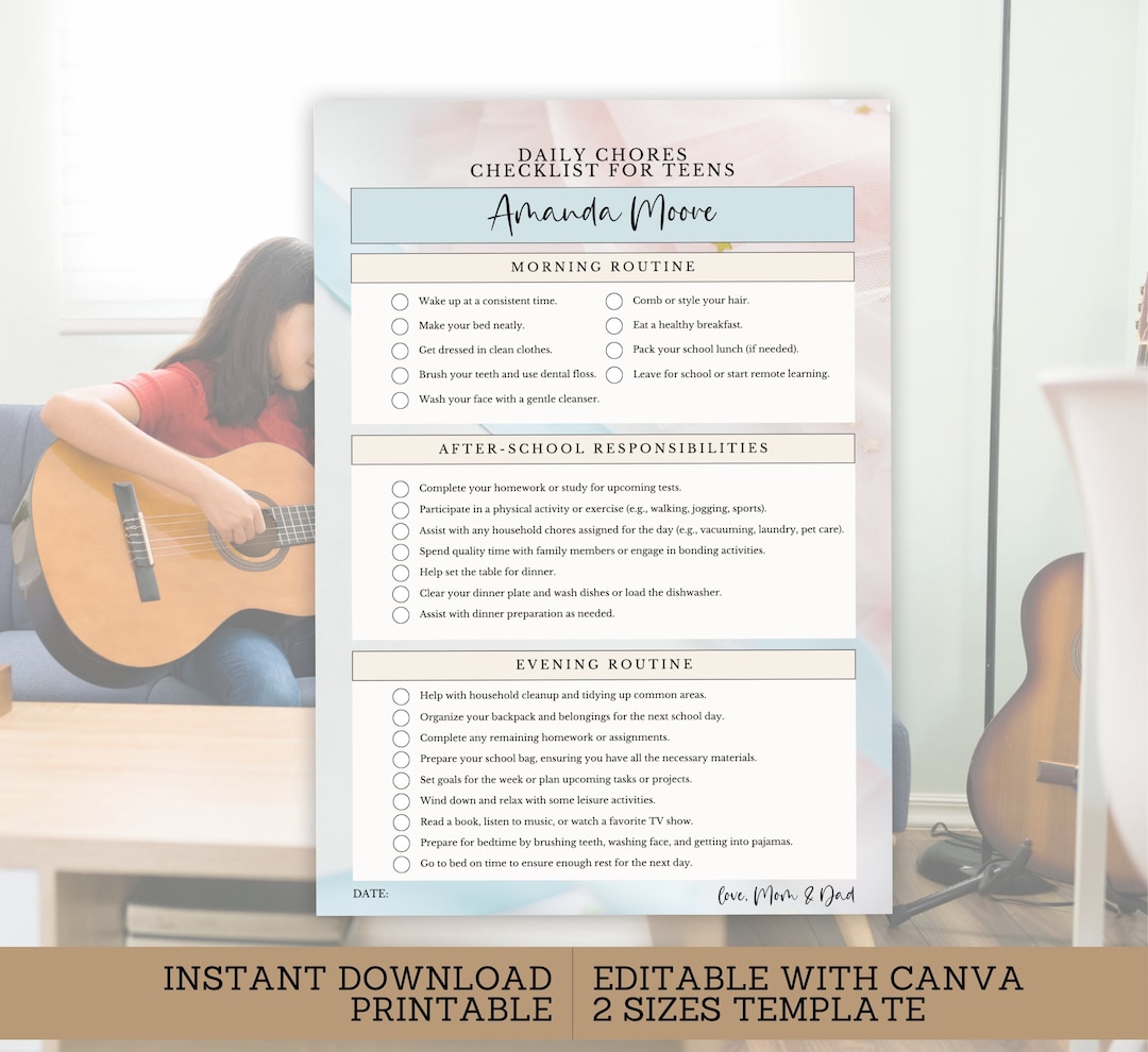 Teenager Daily Chores Cheklist Template, Teen Daily Routine List, Girls ...