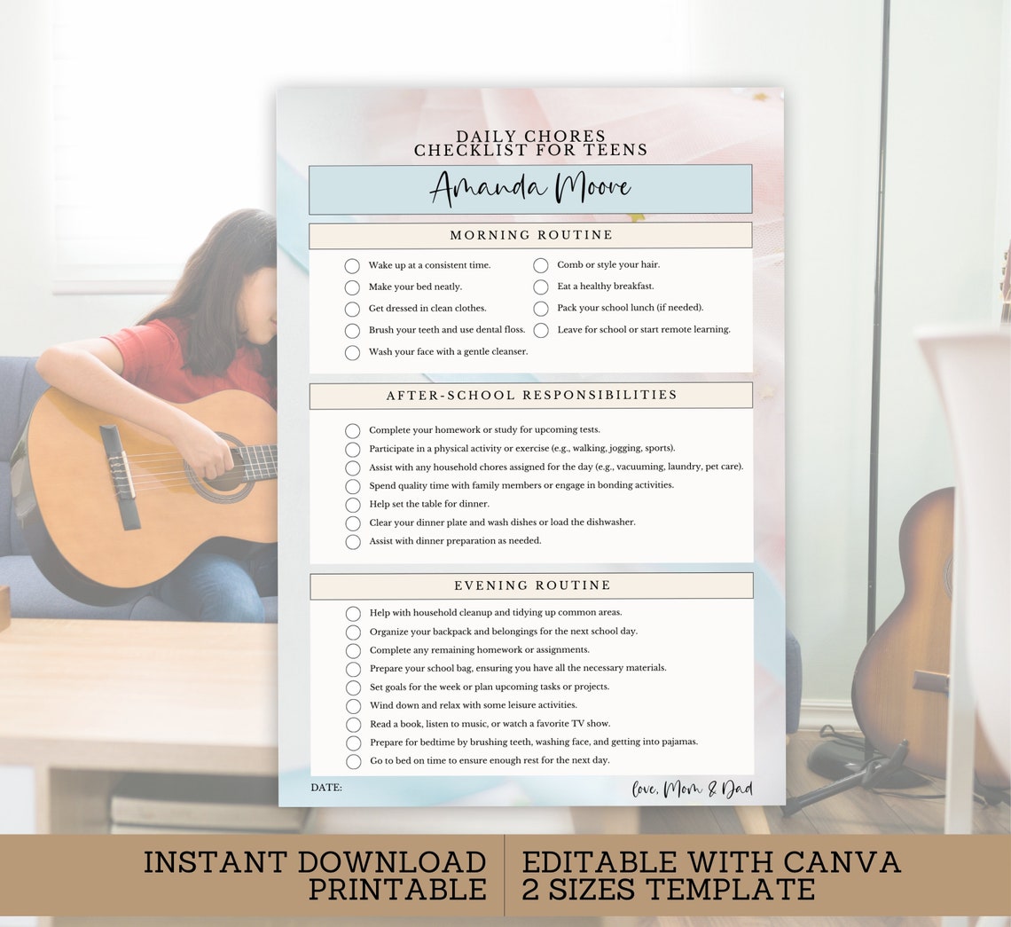 Teenager Daily Chores Cheklist Template, Teen Daily Routine List, Girls ...