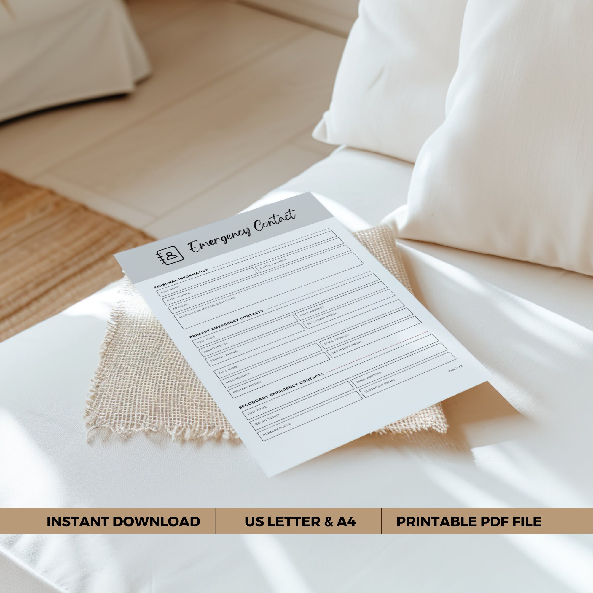 Emergency Contact Form, Printable Sheet, Family Plan, Medical, Safety ...