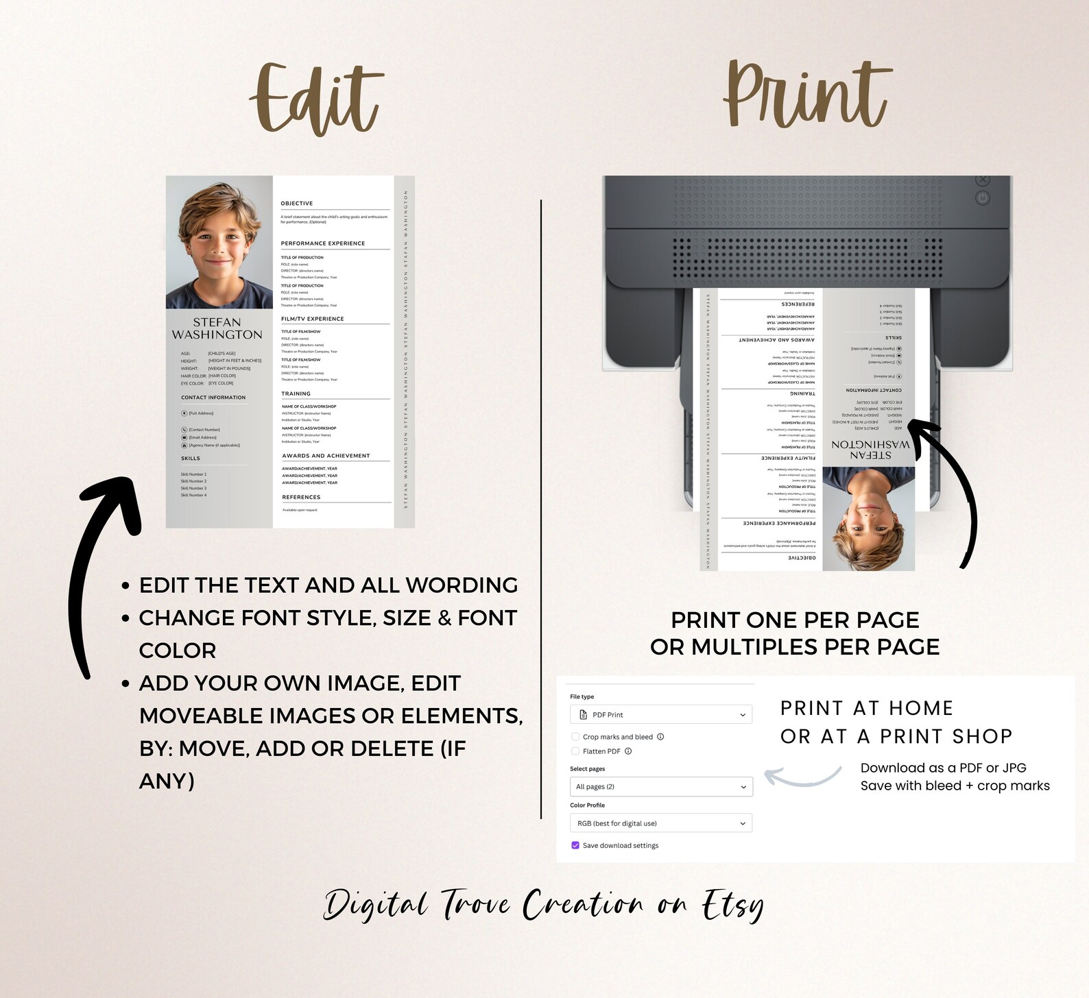 Child Actor Resume Template, Editable Acting Resume, Boys, Headshot CV ...