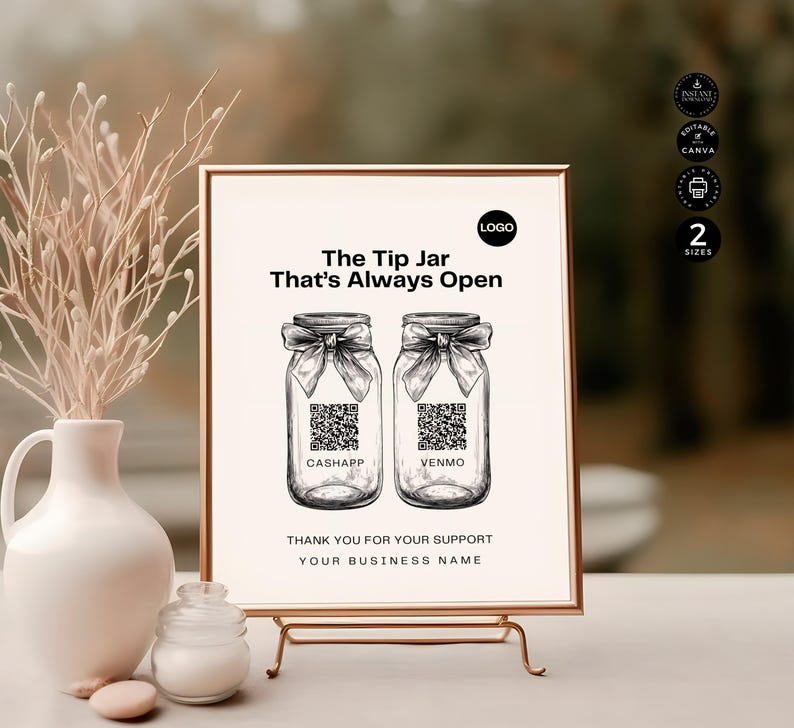 Editable Virtual Tip Jar, Venmo Cashapp, Payment Sign, QR Code Sign ...