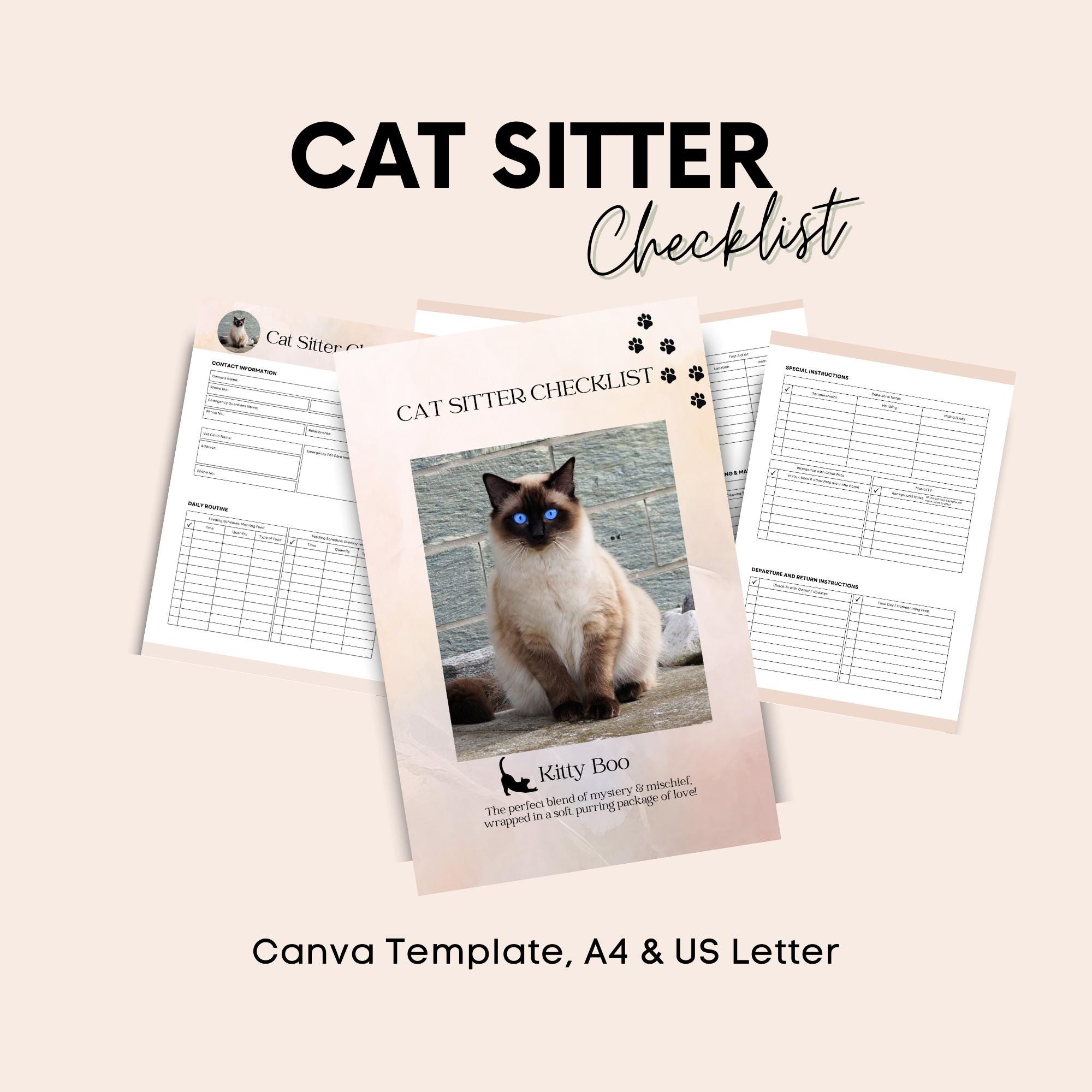 Pet Cat Sitter Checklist Template, Cat Sitting Away Holiday Care ...