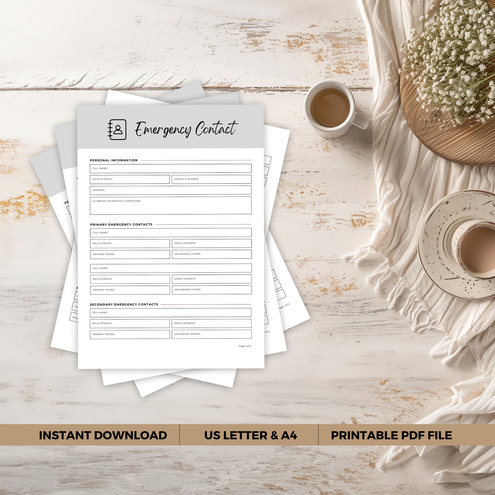 Emergency Contact Form, Printable Sheet, Family Plan, Medical, Safety ...