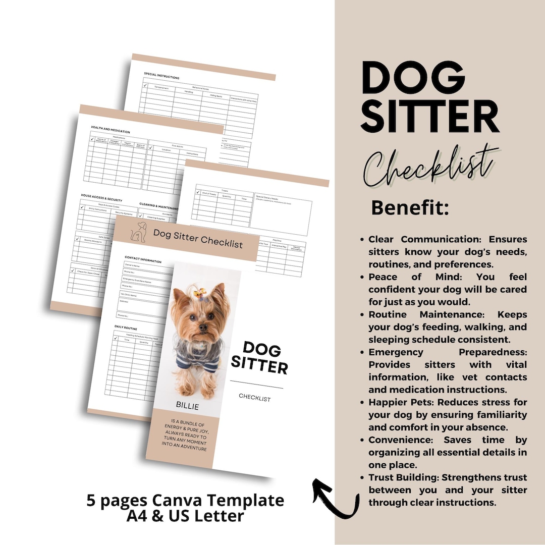 Pet Dog Sitter Checklist Template, Dog Sitting, Away Holiday Care ...