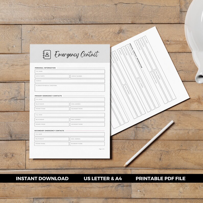 Emergency Contact Form, Printable Sheet, Family Plan, Medical, Safety ...