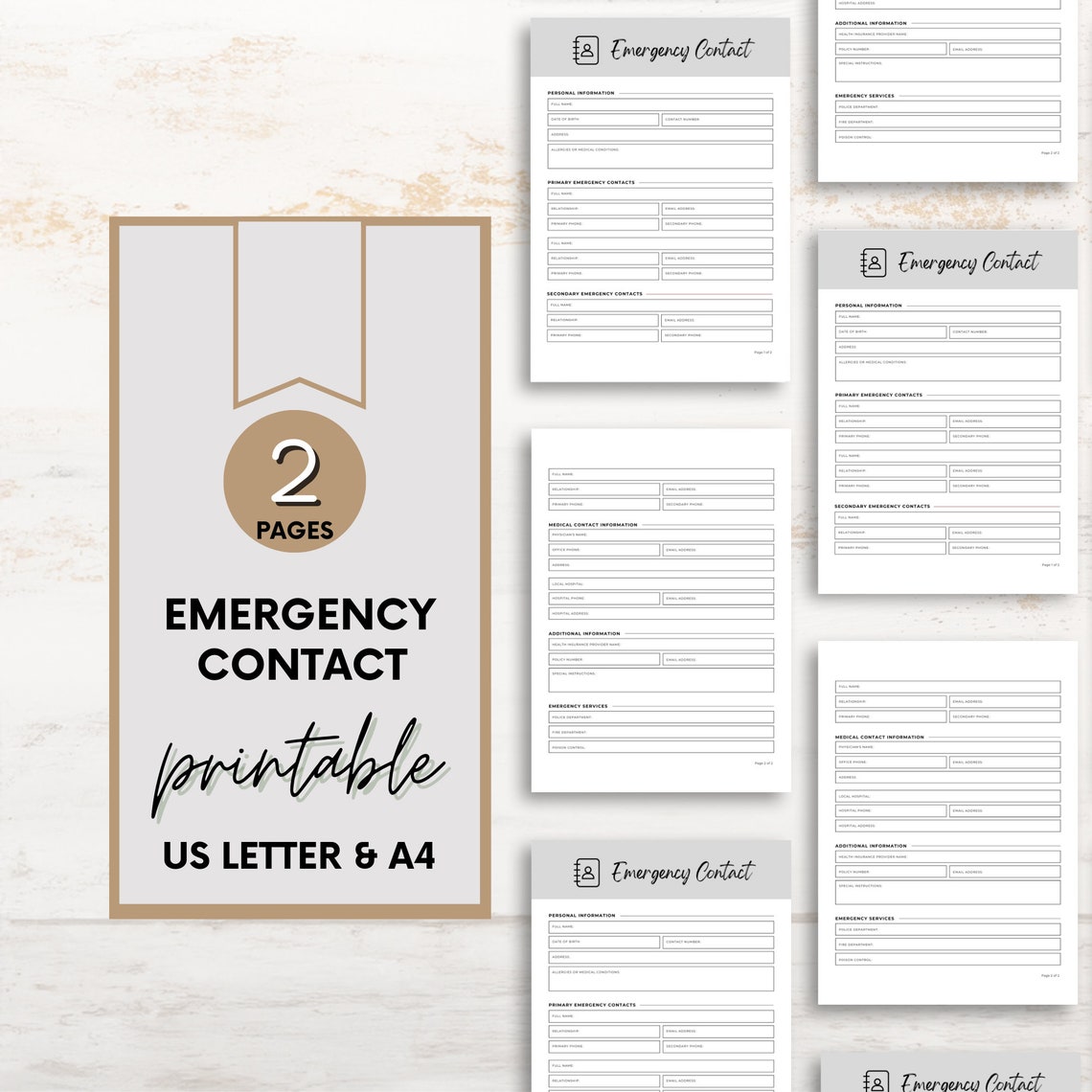 Emergency Contact Form, Printable Sheet, Family Plan, Medical, Safety ...