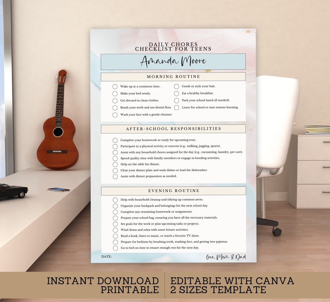 Teenager Daily Chores Cheklist Template, Teen Daily Routine List, Girls ...