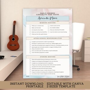 Teenager Daily Chores Cheklist Template, Teen Daily Routine List, Girls ...