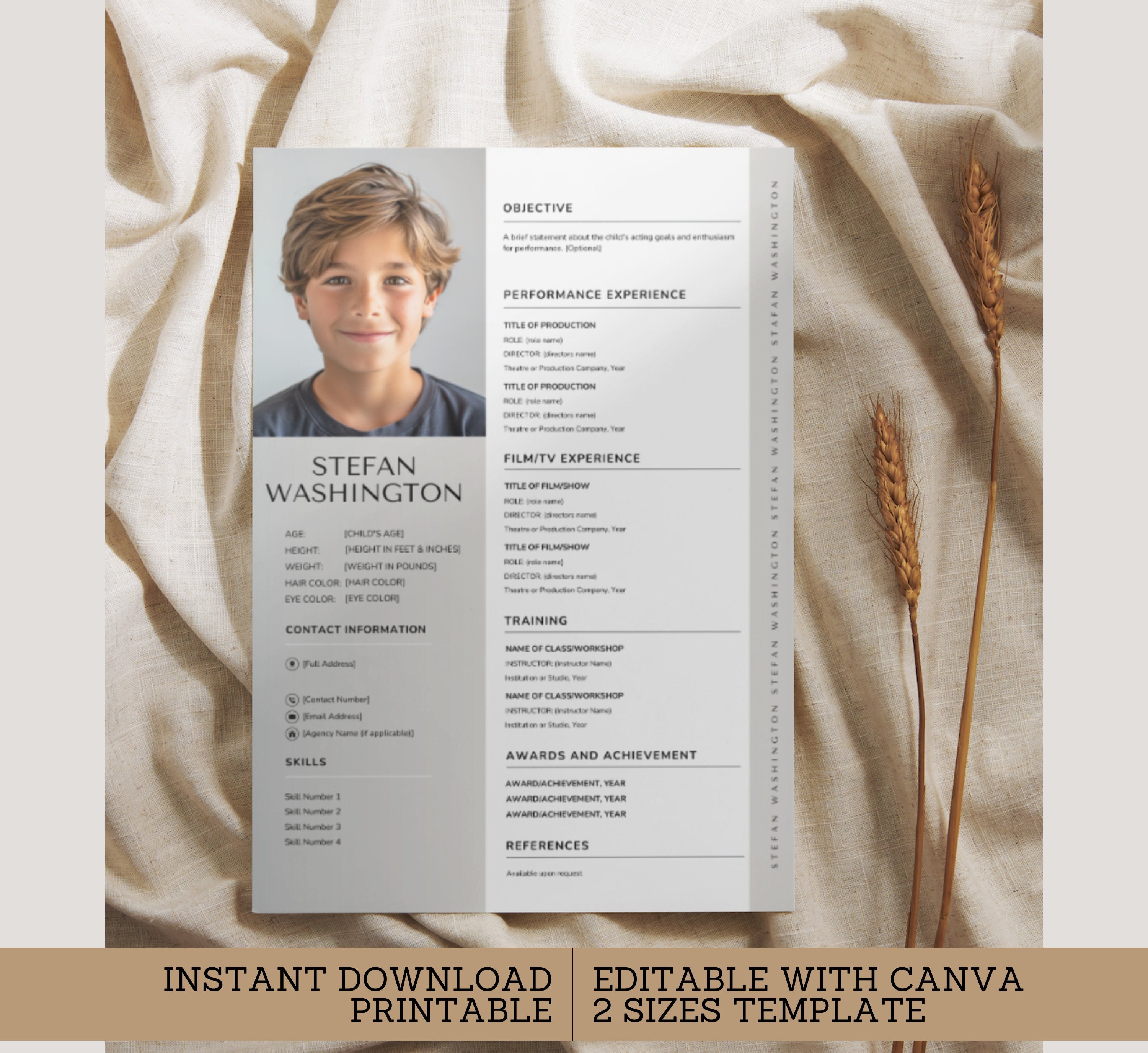 Child Actor Resume Template, Editable Acting Resume, Boys, Headshot CV ...