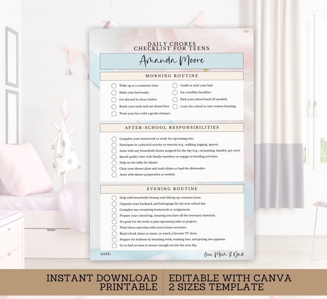 Teenager Daily Chores Cheklist Template, Teen Daily Routine List, Girls ...