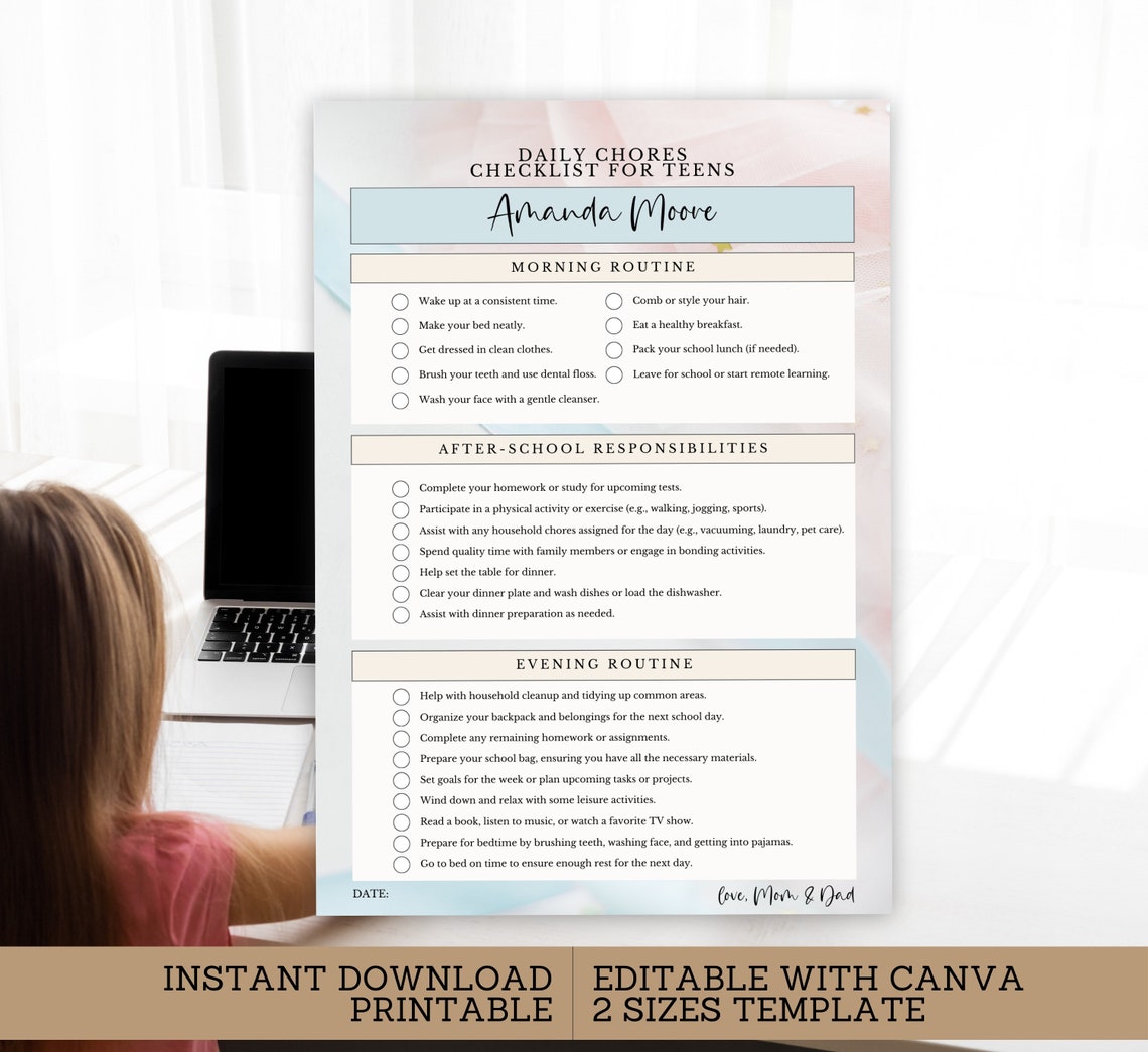 Teenager Daily Chores Cheklist Template, Teen Daily Routine List, Girls ...
