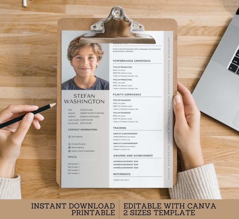 Child Actor Resume Template, Editable Acting Resume, Boys, Headshot CV, Curriculum Vitae, Ins ...