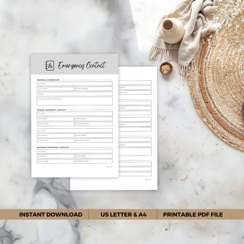 Emergency Contact Form, Printable Sheet, Family Plan, Medical, Safety ...