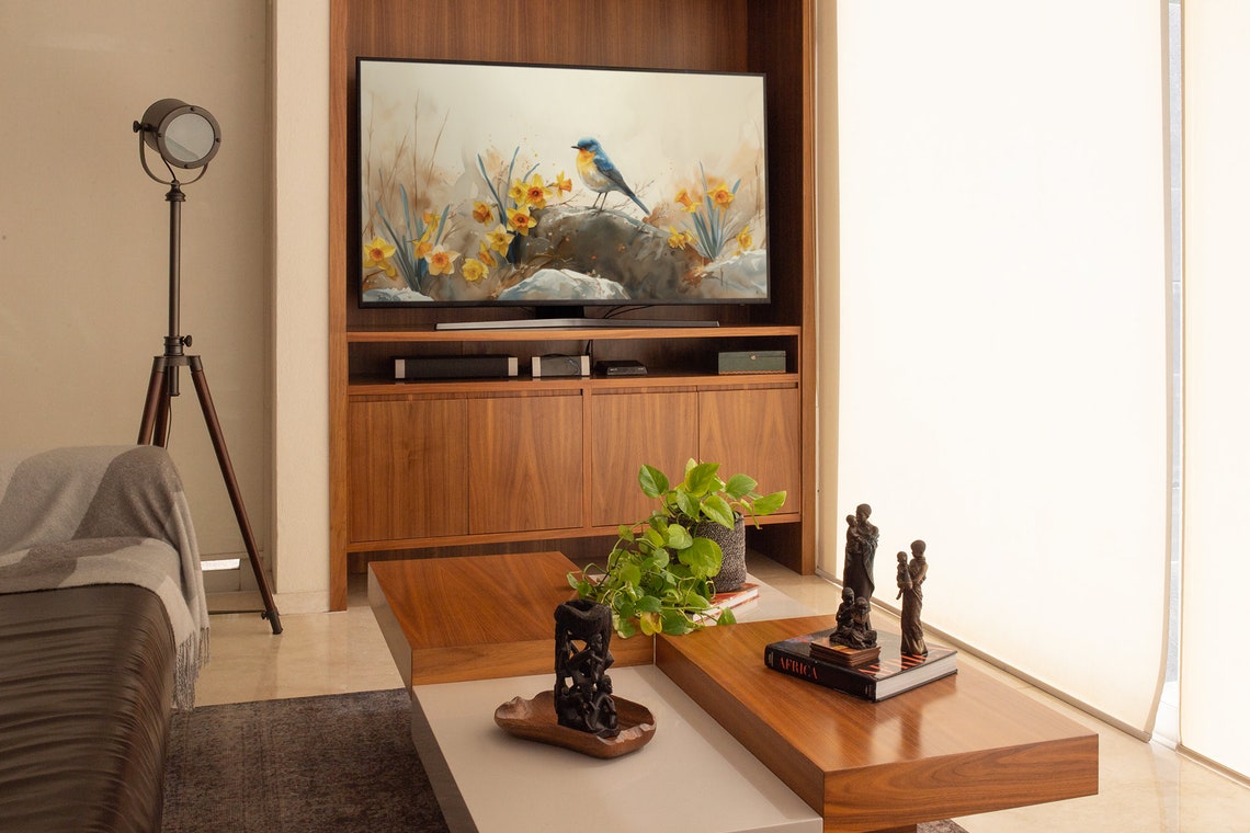 Watercolor Digital TV Frame Art Cheerful Birds and Colorful Spring ...
