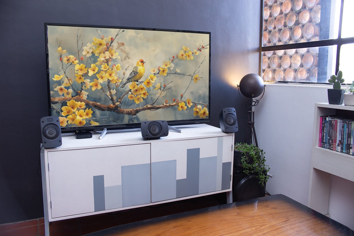 Watercolor Digital TV Frame Art Cheerful Birds and Colorful Spring ...