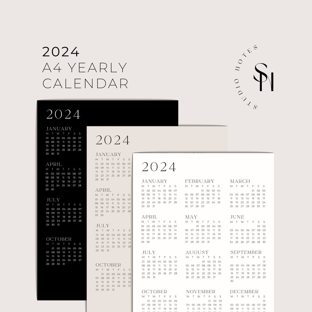 2024 Minimalist A4 Yearly Calendar, Year at a Glance, Year Overview ...