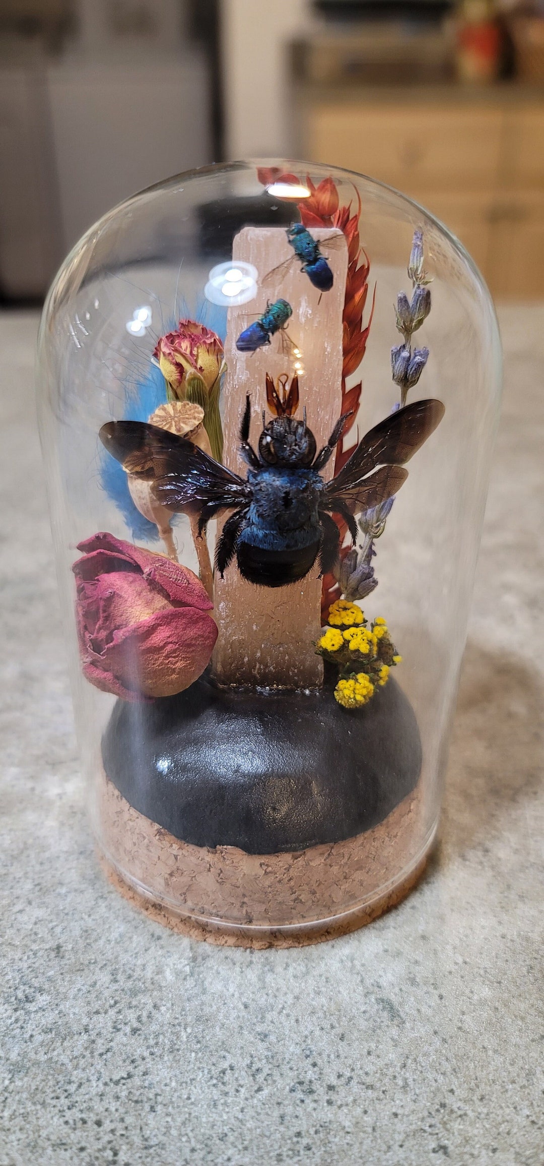 Blue Carpenter Bee With 2 Cuckoo Wasps on Orange Selenite Wand in a ...