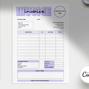 DIGITAL DOWNLOAD - Purple Modern Invoice Template, Small Business ...