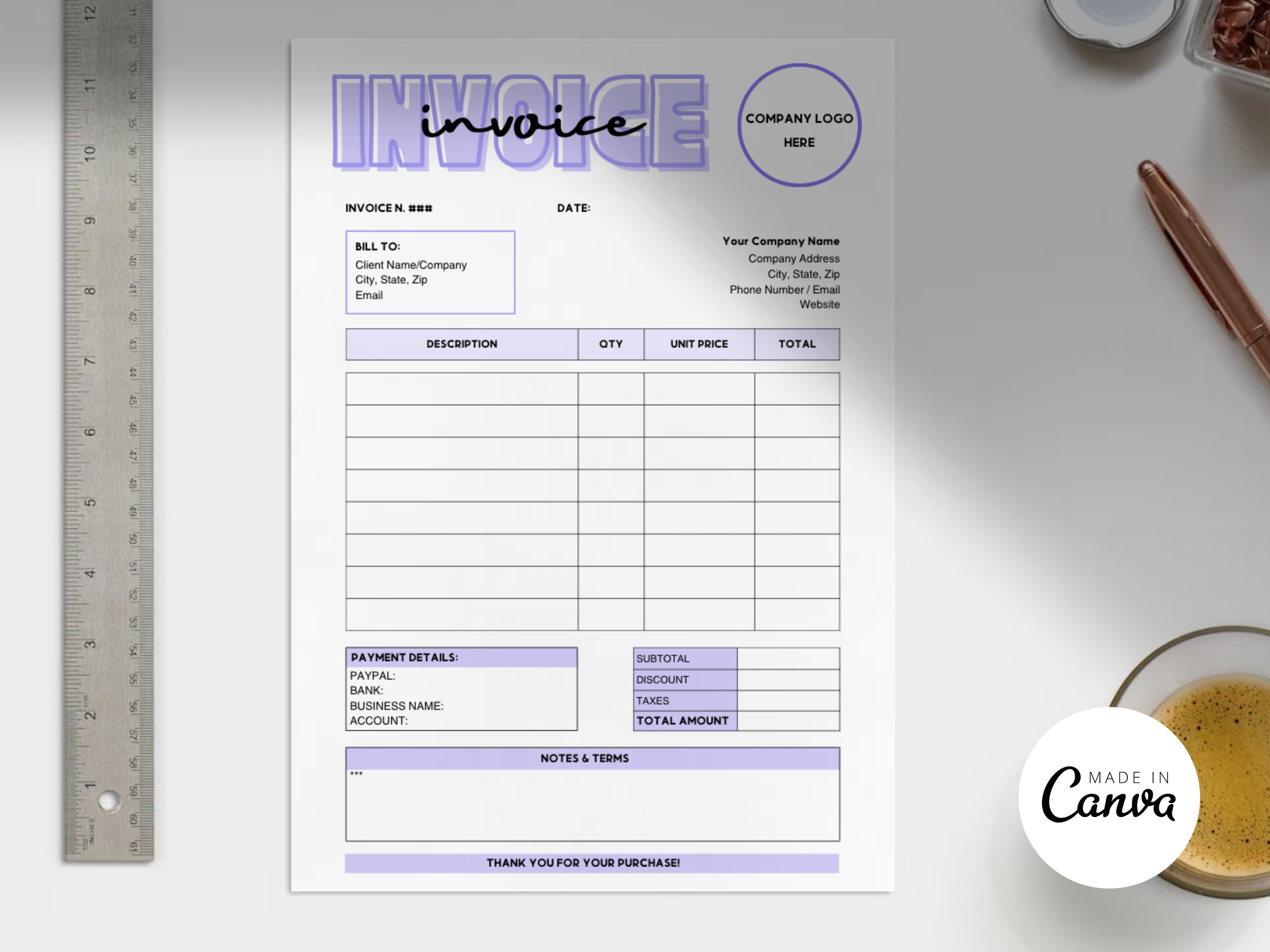 DIGITAL DOWNLOAD - Purple Modern Invoice Template, Small Business ...