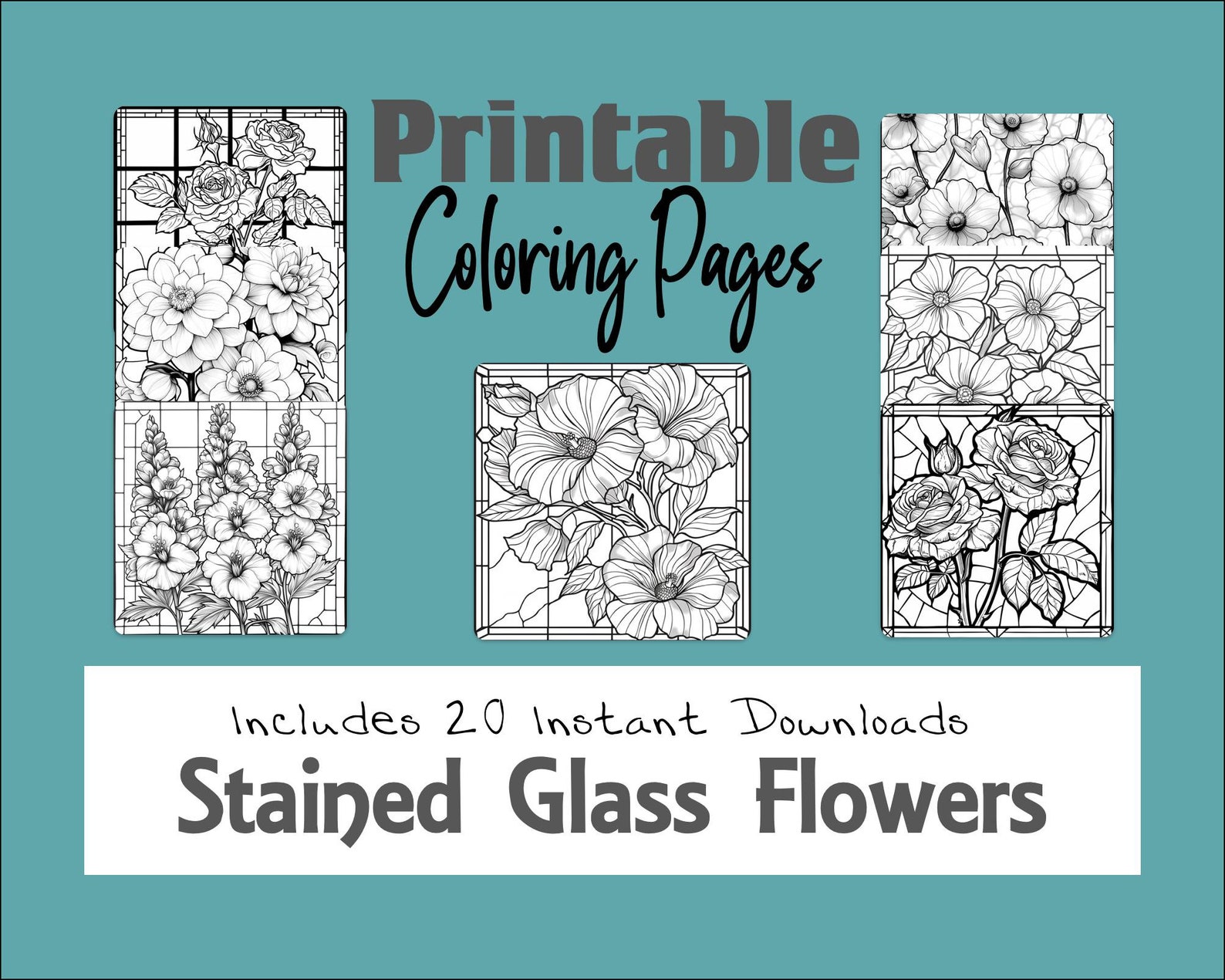 Flower Coloring Pages, Stained Glass Style, Digital, Printable - Etsy