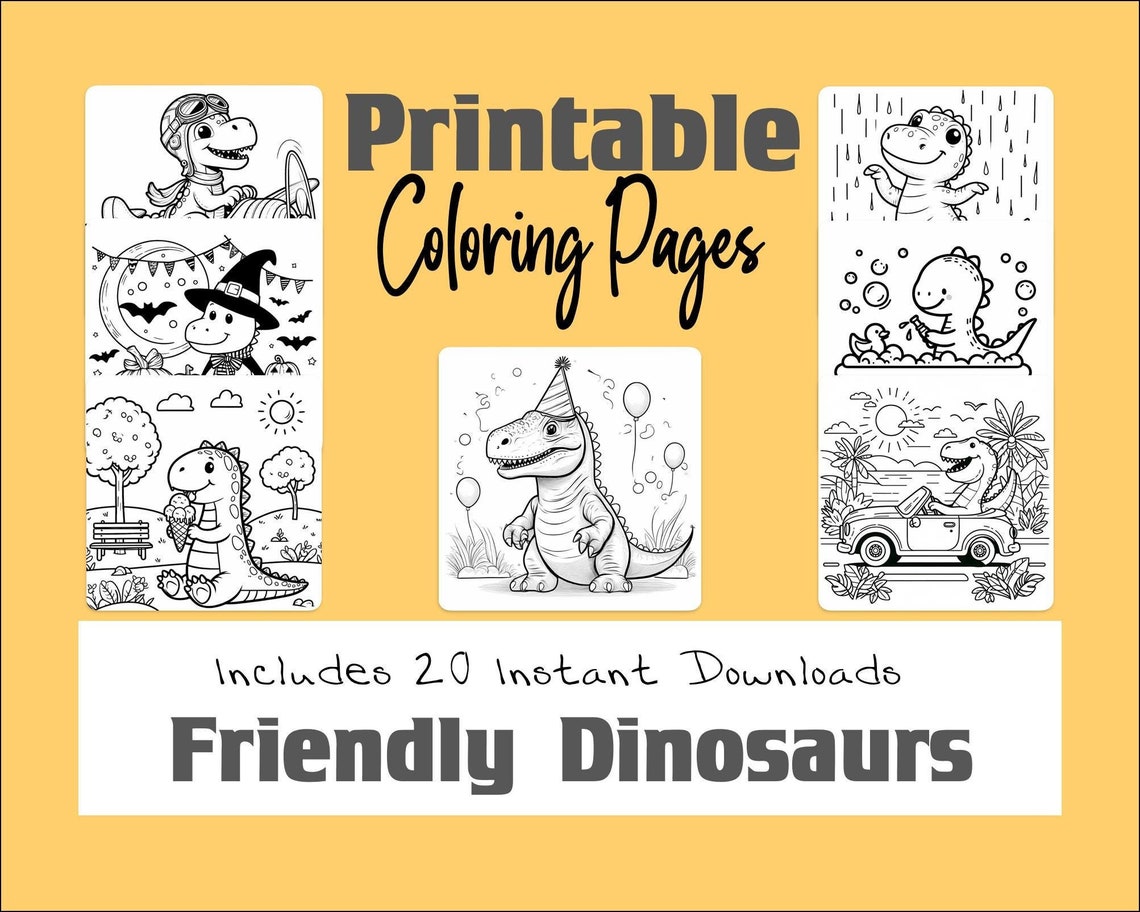 Friendly Dinosaur Coloring Pages, Printable, Digital, Black and White ...
