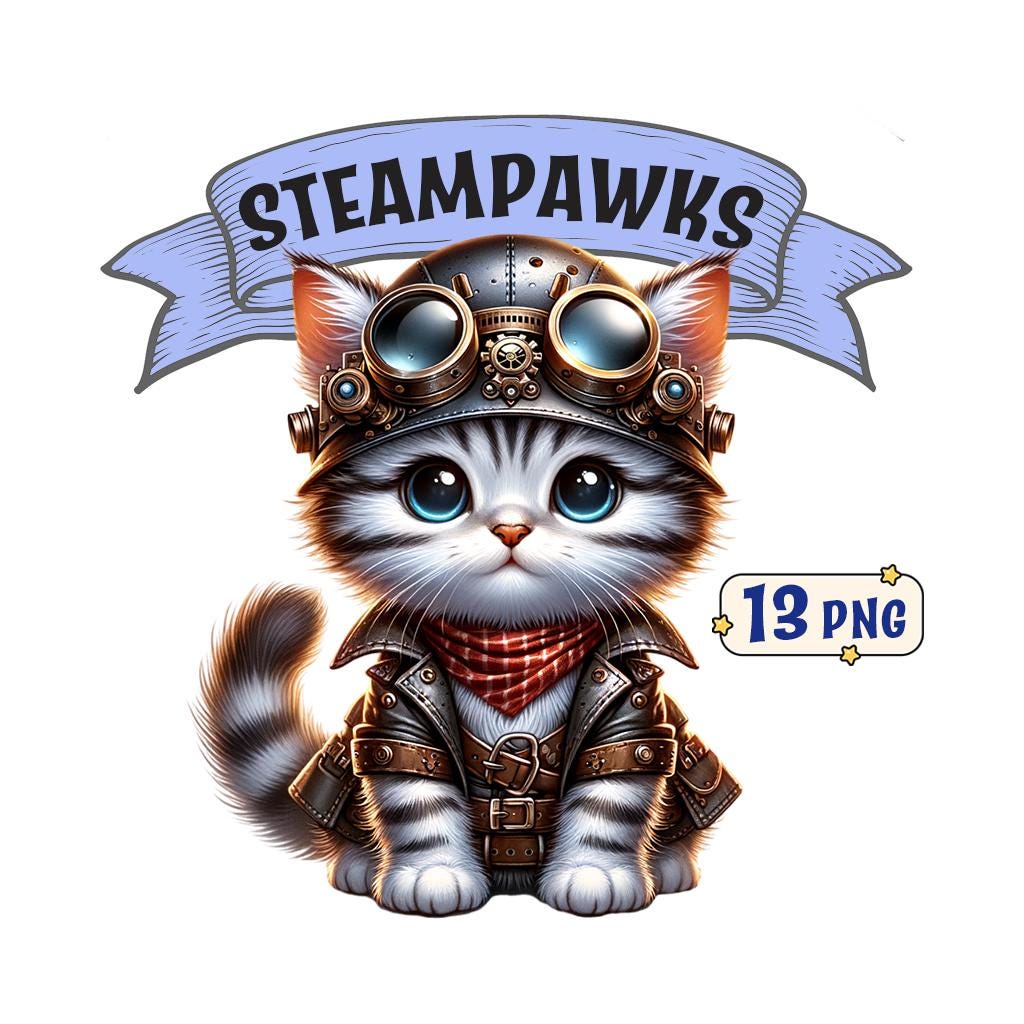 Steampawks Clipart Bundle, 13 Steampunk Themed Cool Cat PNG Images With ...
