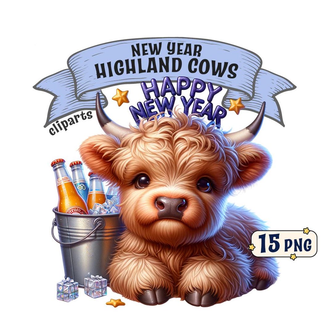New Year Highland Cows Clipart Bundle, 15 Festive New Year Themed Cute ...