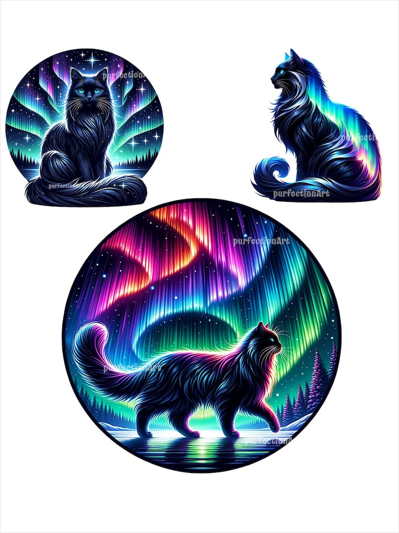 Aurora Cats Clipart Bundle, 15 Majestic Black Cats With Beautiful ...