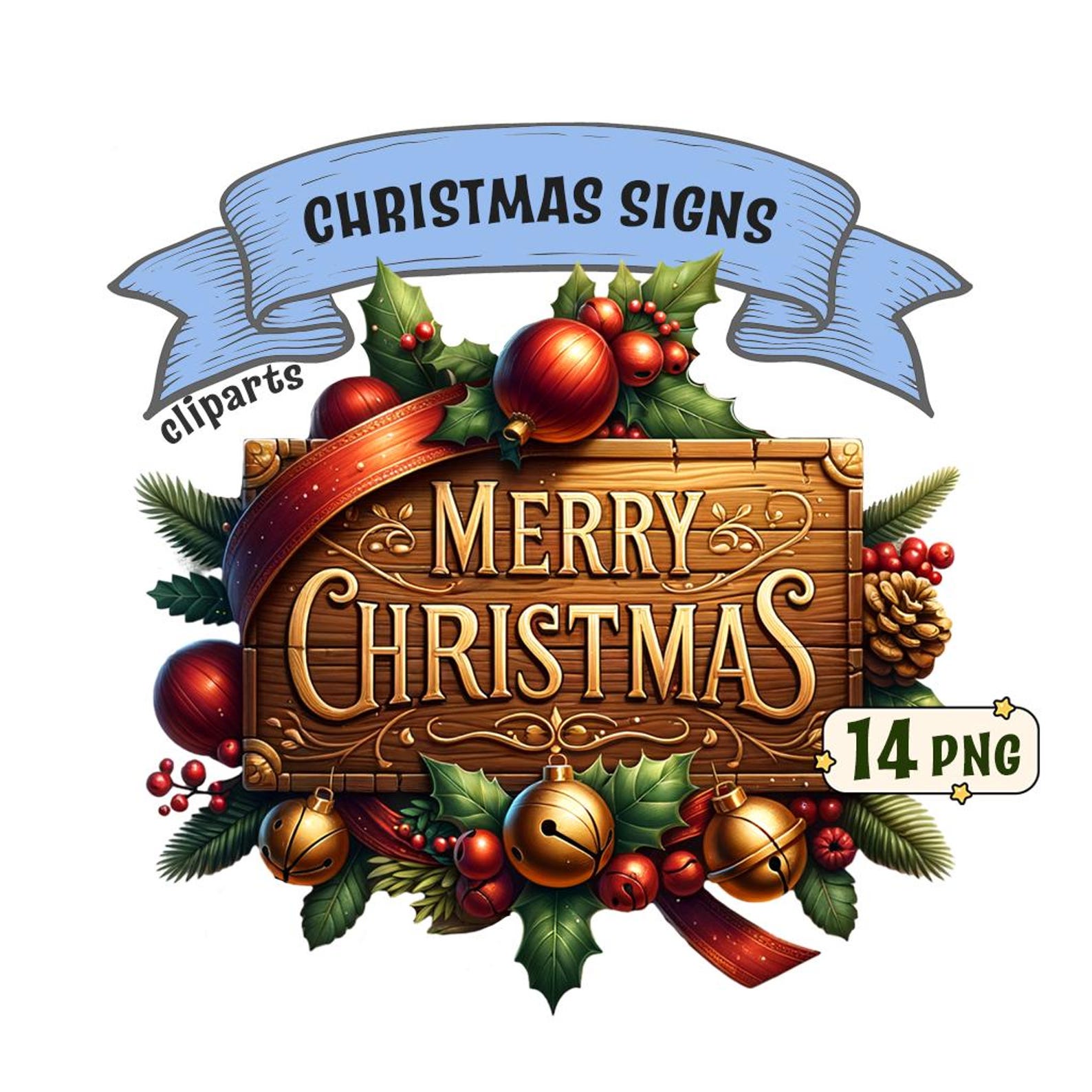 Christmas Signs Clipart Bundle, 14 Christmas Themed Festive Wooden ...