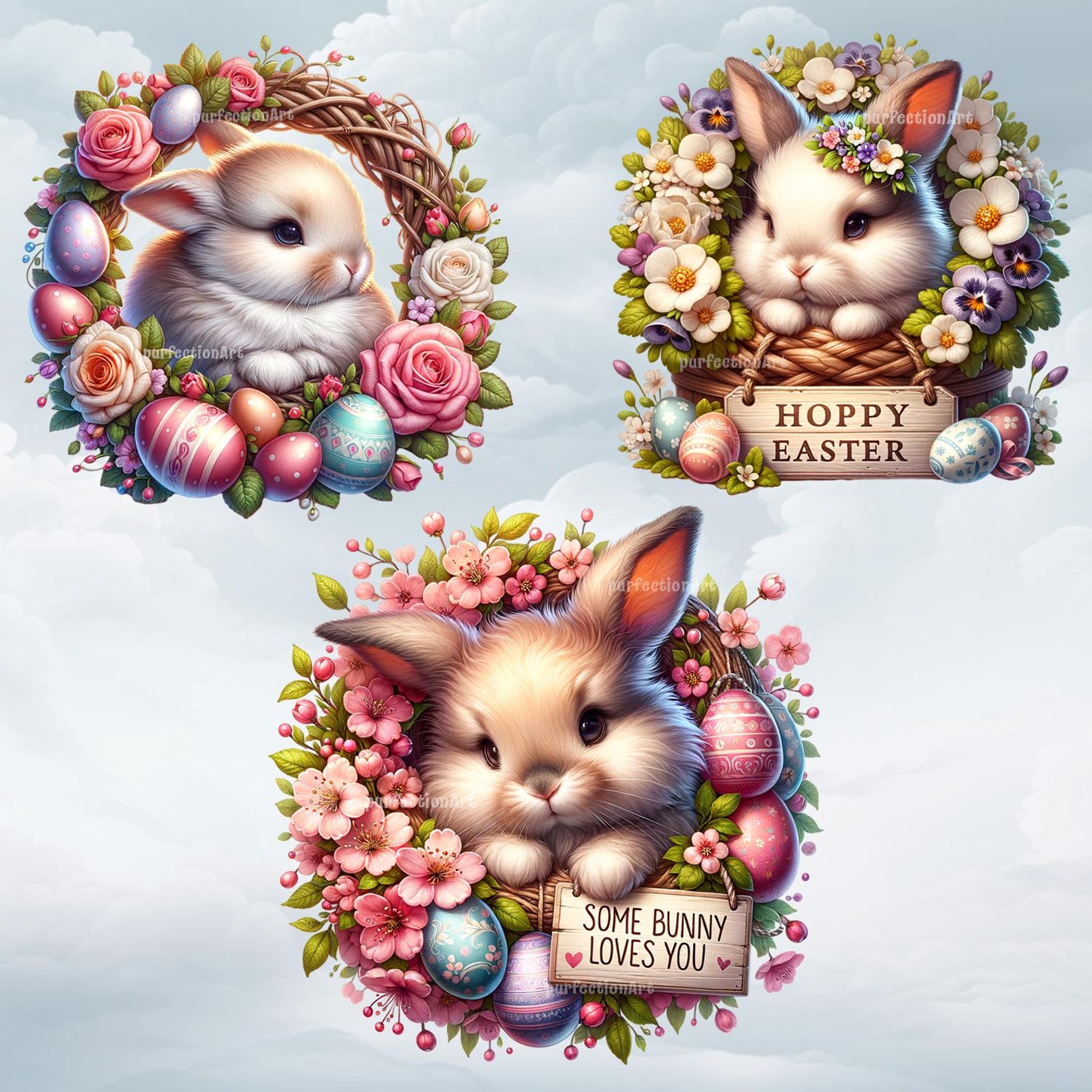 Hoppy Easter Clipart Bundle, 12 Cute Easter-themed Bunnies With Floral ...
