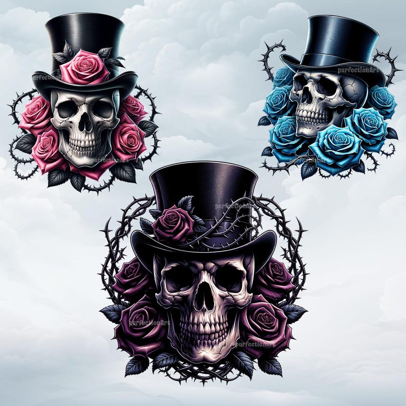 Skulls and Roses Clipart Bundle: 12 Gothic Skulls With Black Top Hats ...