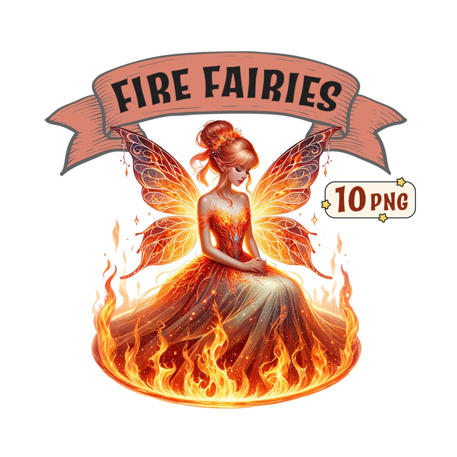 Fire Fairies Clipart Bundle, 10 Beautiful Fire Themed Fairy PNG Images With Transparent ...