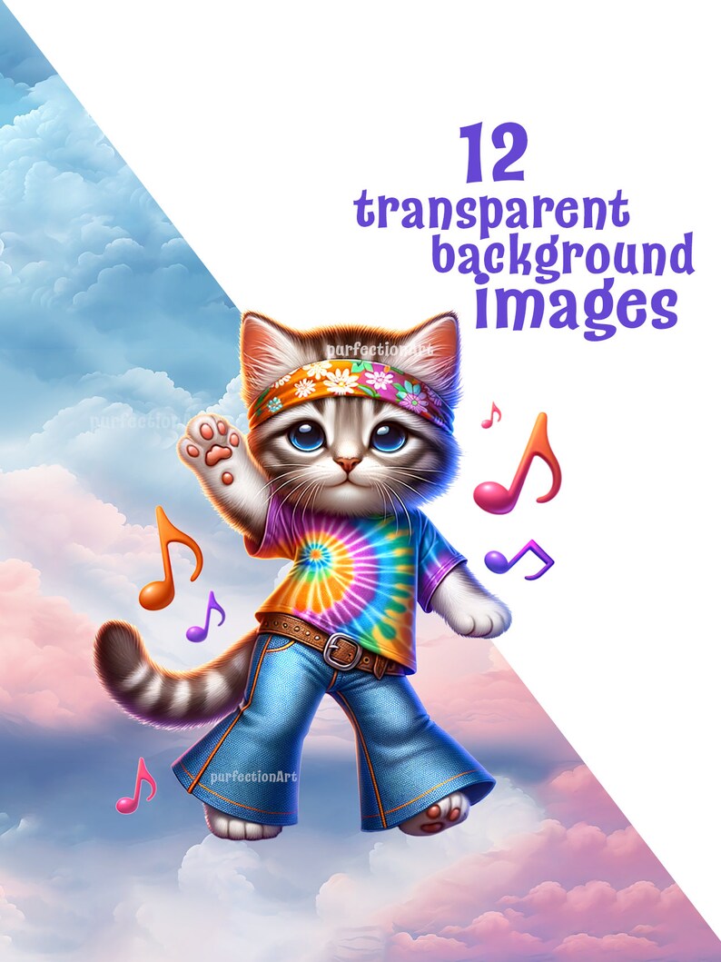 Hippie Kitties Clipart Bundle, 12 Cool Hippy Cats PNG Images With ...