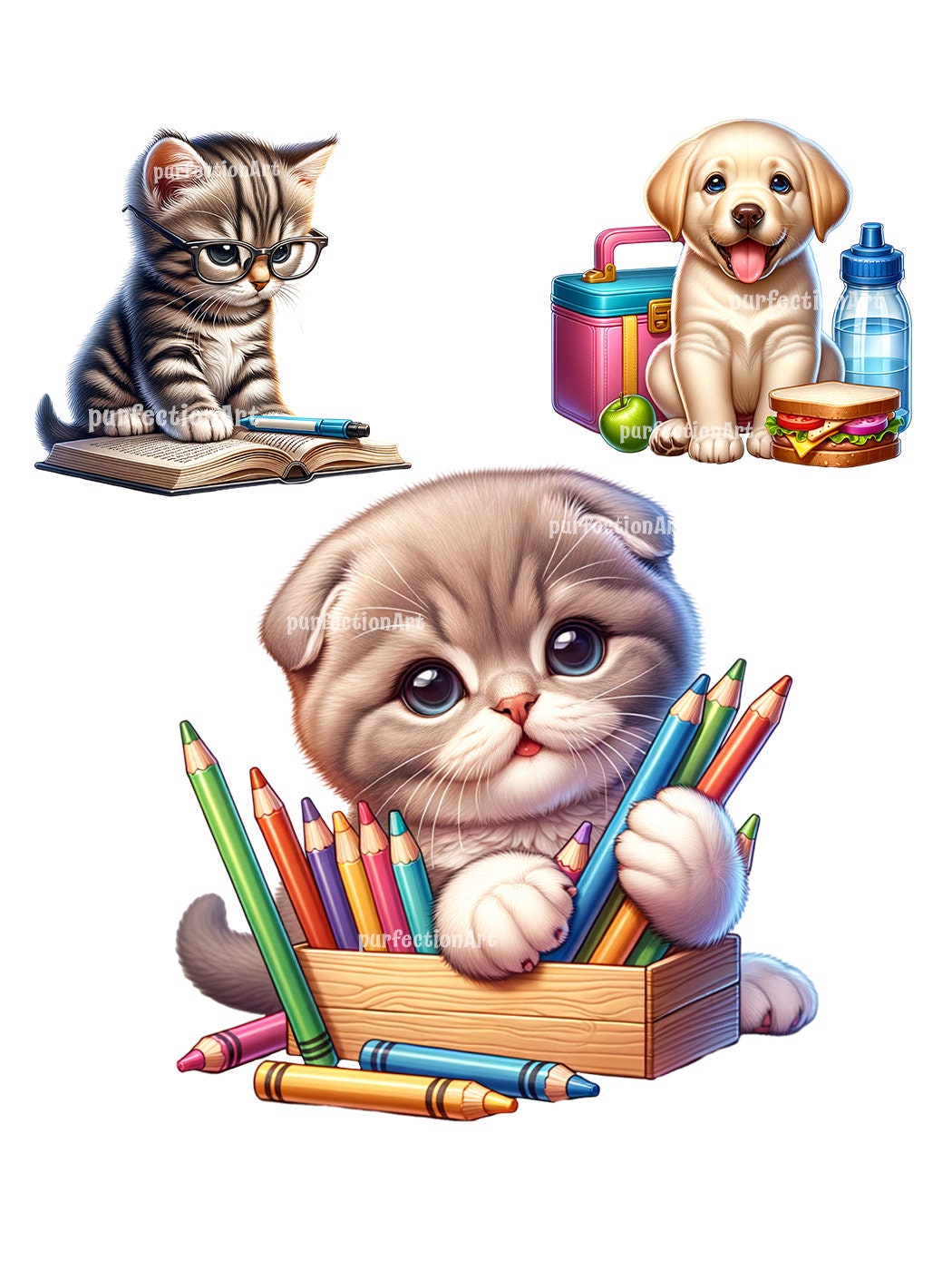 Back to School Clipart Bundle, 15 School Themed Cute Kitten and Puppy ...