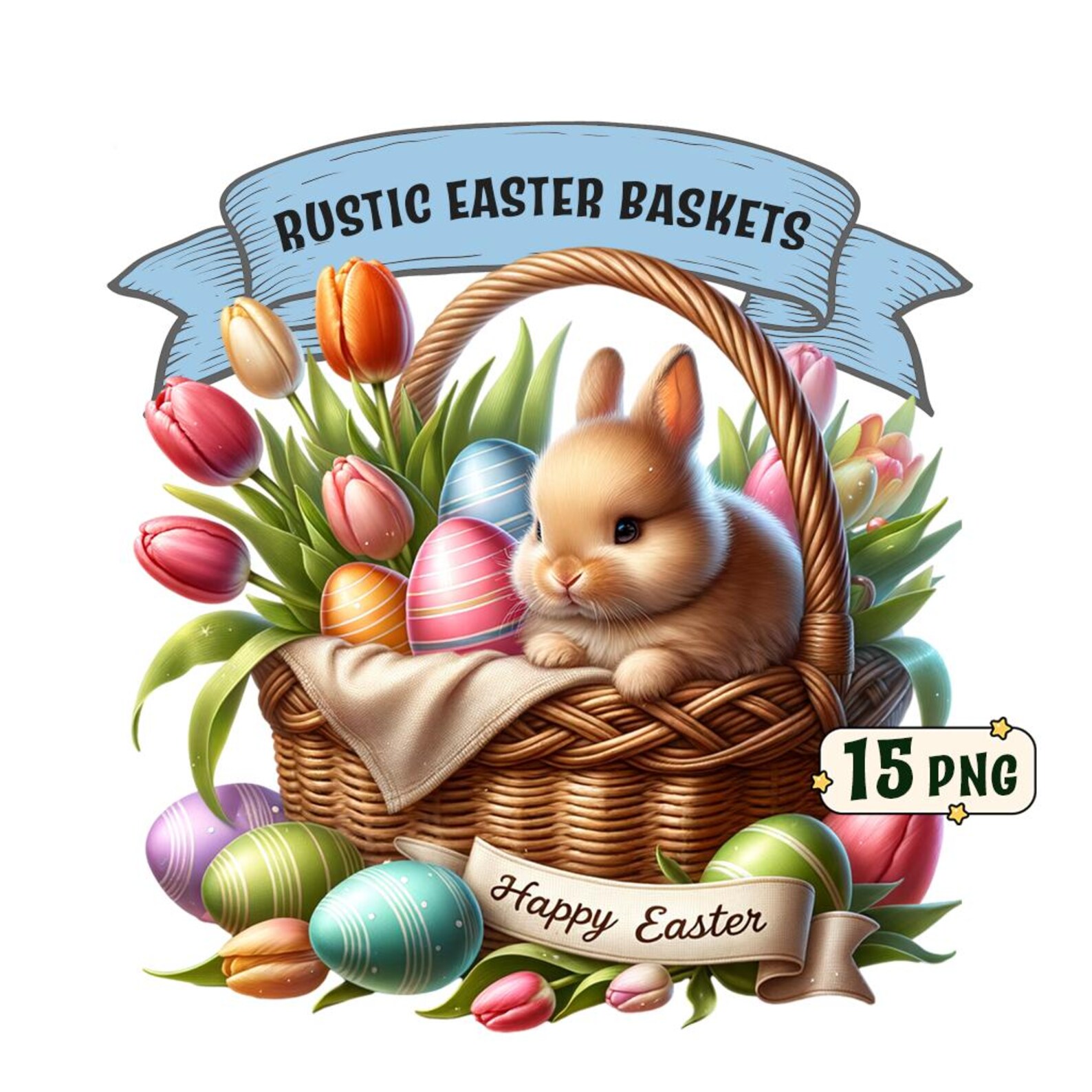 Rustic Easter Baskets Clipart Bundle - 15 Baskets With Cute Bunnies ...