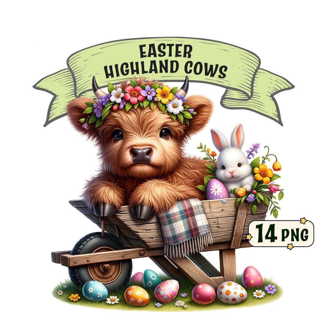 Easter Highland Cows Clipart Bundle, 14 Pngs, Cute Baby Highland Cows ...