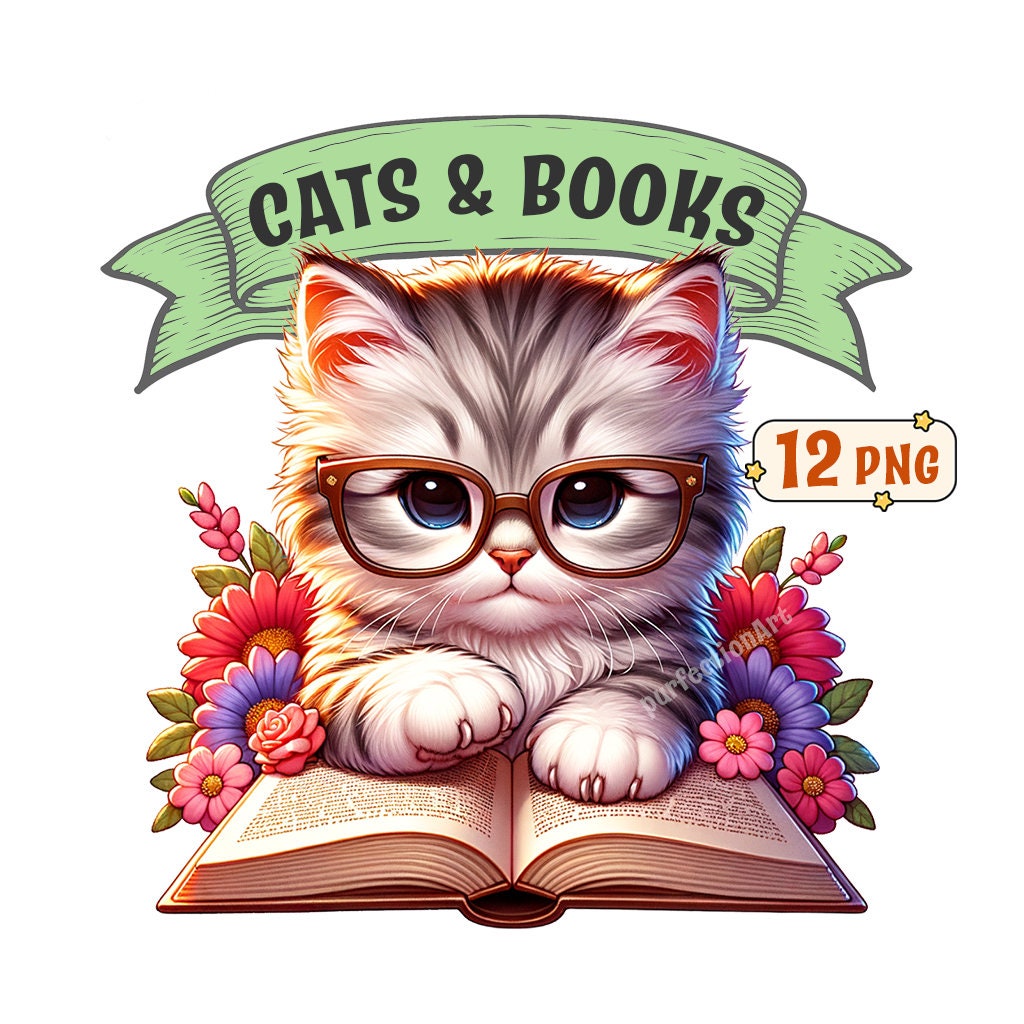 Cats & Books Clipart Bundle: 12 Adorable PNG Images of Cats Reading and ...