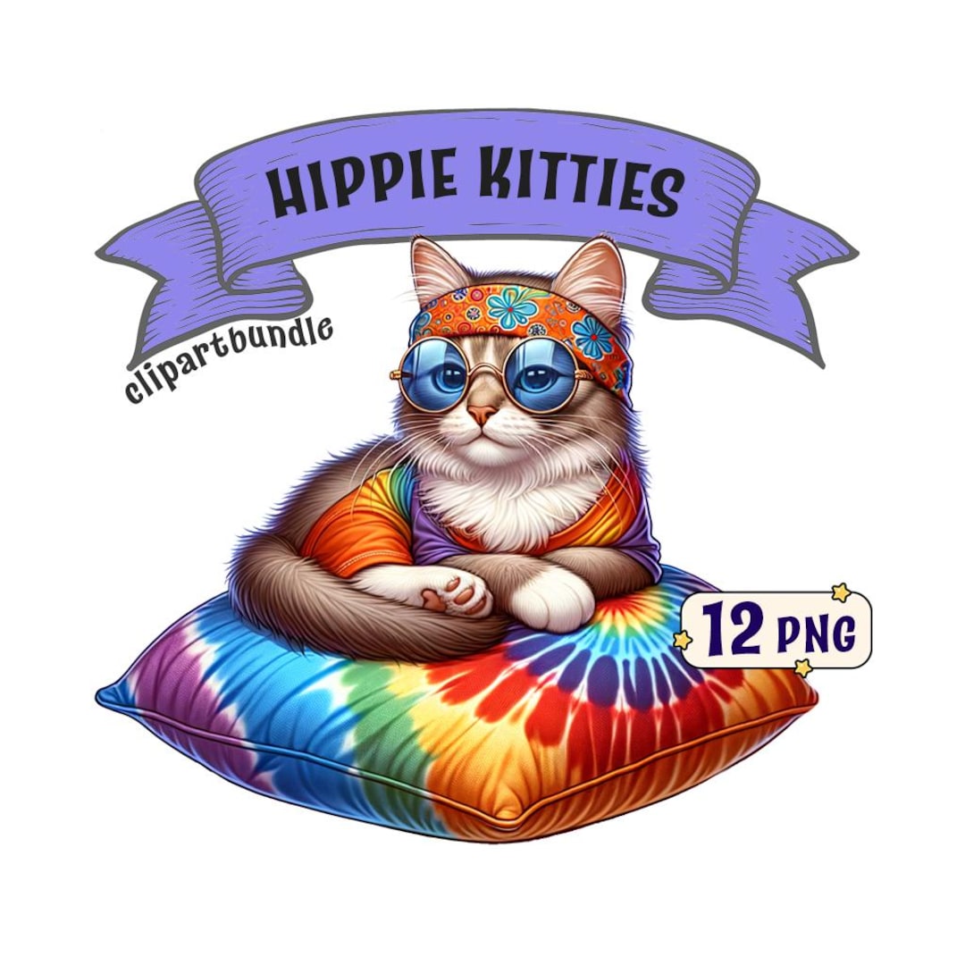 Hippie Kitties Clipart Bundle, 12 Cool Groovy Cats PNG Images With ...