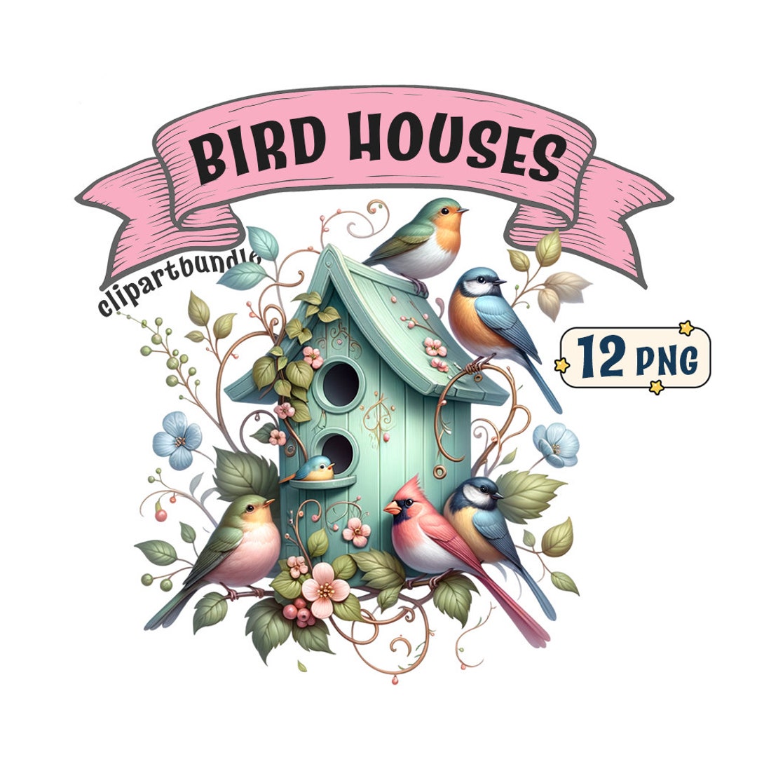 Bird Houses Clipart Bundle: 12 Cute Different Themed Birdhouse PNG ...