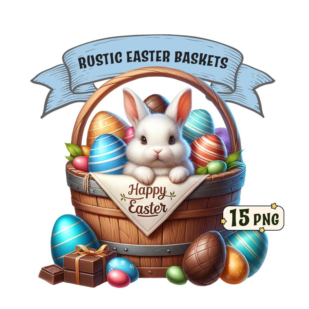 Rustic Easter Baskets Clipart Bundle - 15 Baskets With Cute Bunnies ...